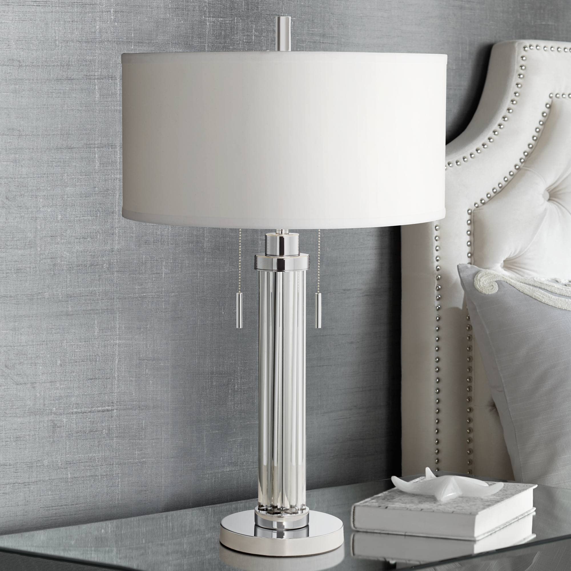 Possini Euro Design Cadence Modern Art Deco Style Column Table Lamp 30" Tall Chrome Silver Linear Clear Glass Rod White Drum Shade Decor for Living Room Bedroom House Bedside Nightstand Home Office