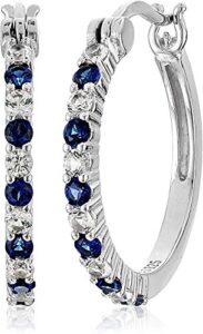 sterling silver alternating created blue and white sapphire hoop earrings, metal, corundum