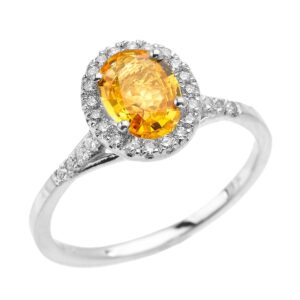 dainty 10k white gold halo diamond and oval yellow sapphire solitaire engagement proposal ring (size 5)