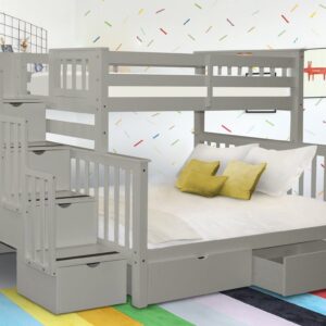 Bedz King Stairway Bunk Beds Twin over Full with 4 Drawers in the Steps and 2 Under Bed Drawers, Gray