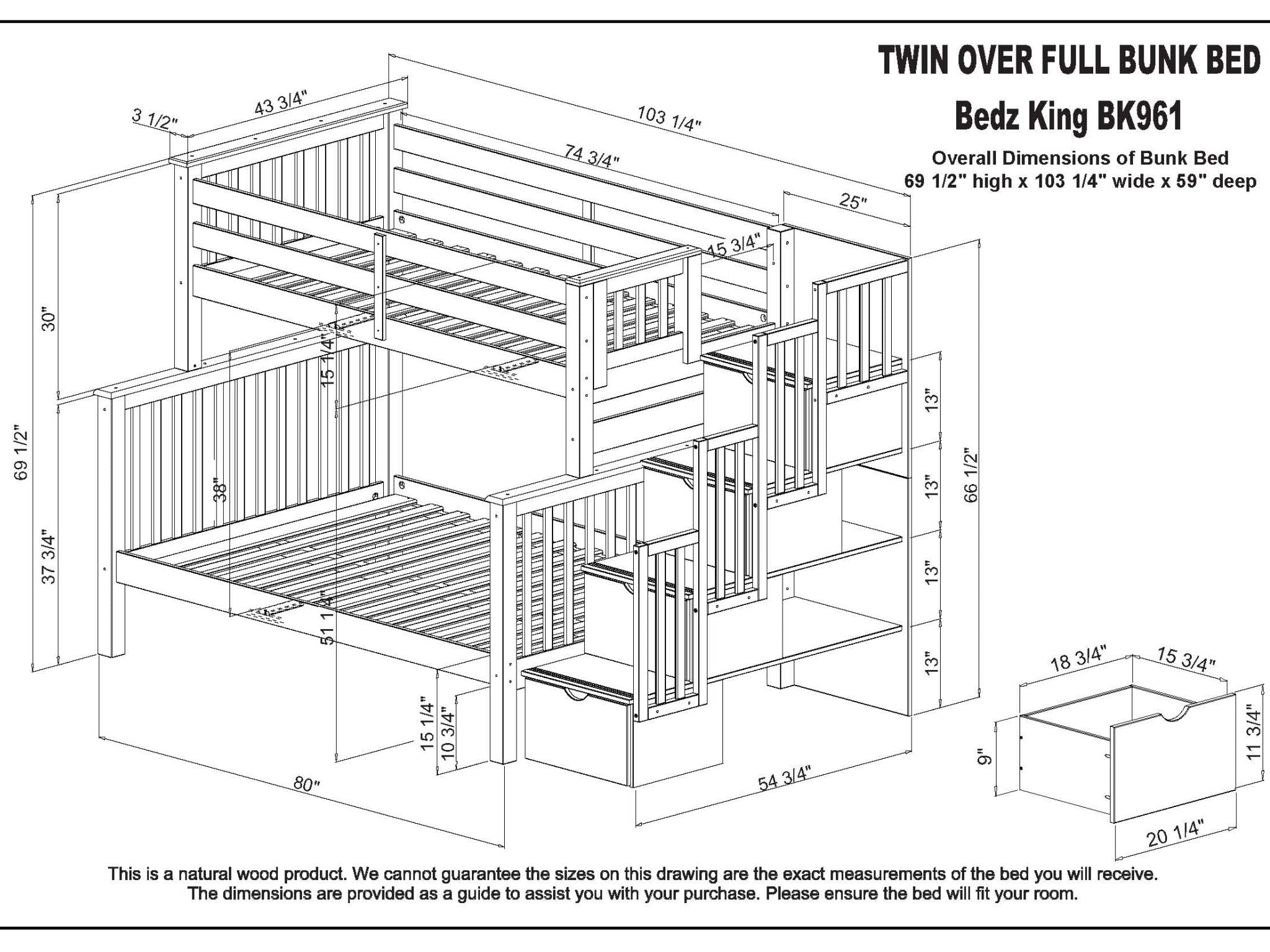 Bedz King Stairway Bunk Beds Twin over Full with 4 Drawers in the Steps and 2 Under Bed Drawers, Gray