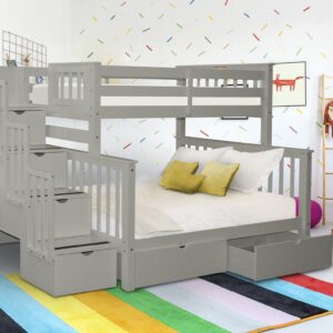 Bedz King Stairway Bunk Beds Twin over Full with 4 Drawers in the Steps and 2 Under Bed Drawers, Gray