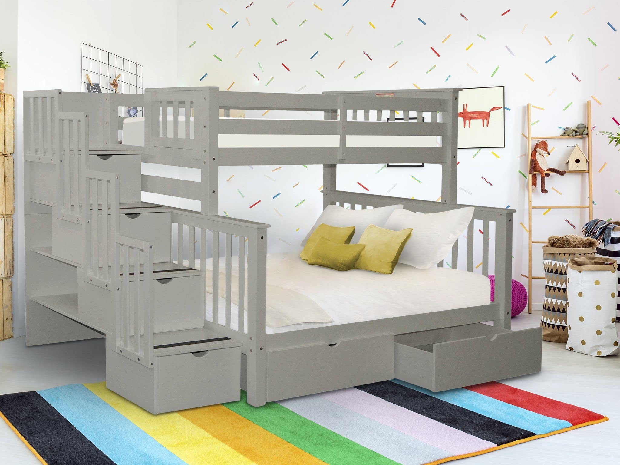 Bedz King Stairway Bunk Beds Twin over Full with 4 Drawers in the Steps and 2 Under Bed Drawers, Gray