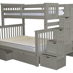 Bedz King Stairway Bunk Beds Twin over Full with 4 Drawers in the Steps and 2 Under Bed Drawers, Gray