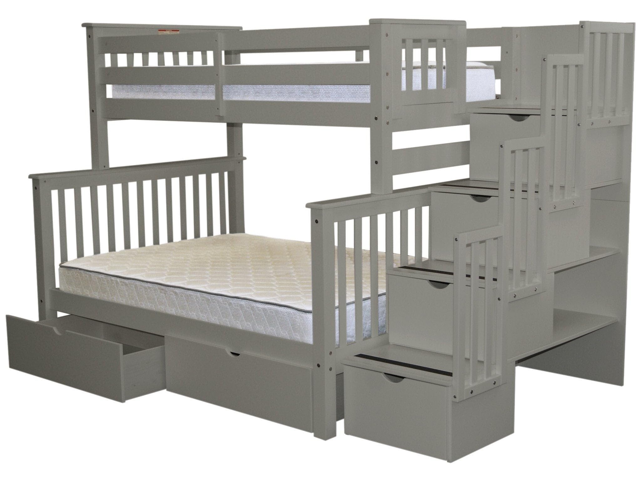 Bedz King Stairway Bunk Beds Twin over Full with 4 Drawers in the Steps and 2 Under Bed Drawers, Gray