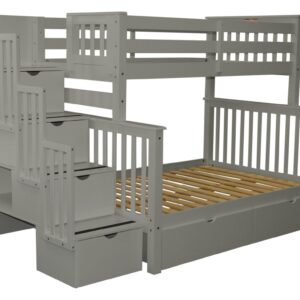 Bedz King Stairway Bunk Beds Twin over Full with 4 Drawers in the Steps and 2 Under Bed Drawers, Gray