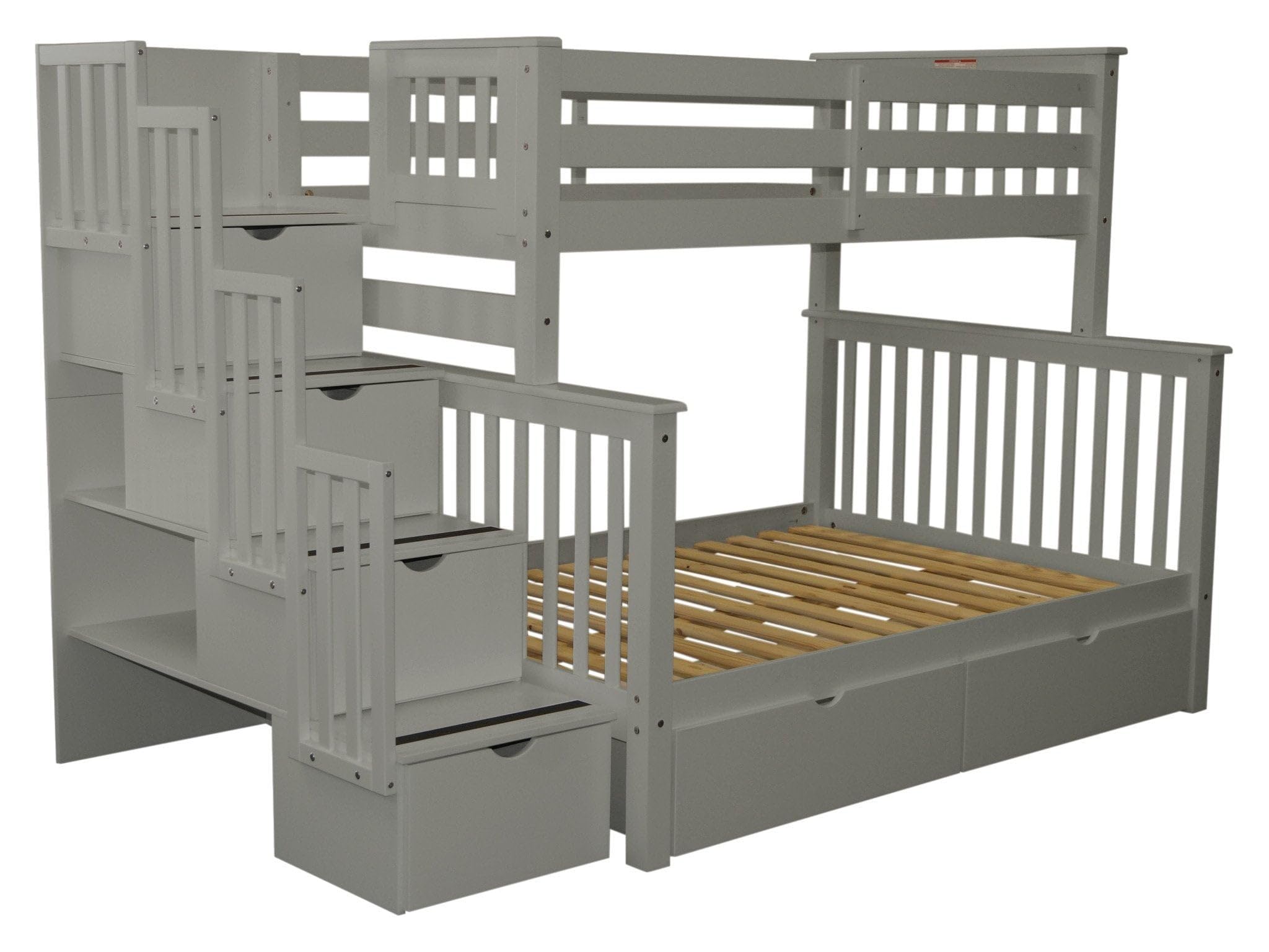 Bedz King Stairway Bunk Beds Twin over Full with 4 Drawers in the Steps and 2 Under Bed Drawers, Gray