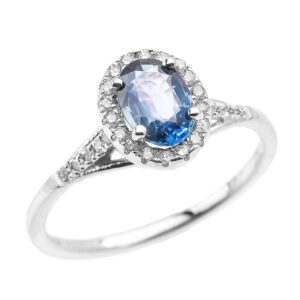 dainty 14k white gold halo diamond and oval kanchanaburi sapphire solitaire engagement proposal ring (size 6.5)