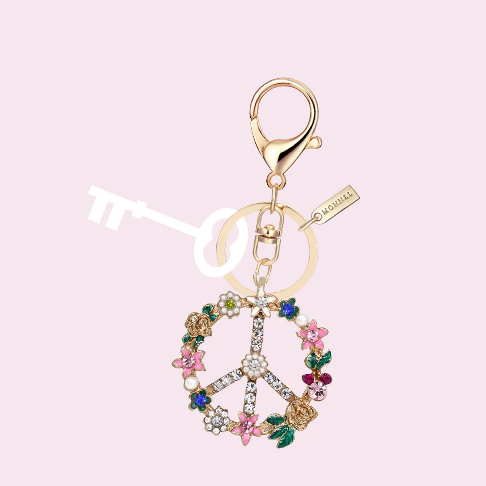 MONNEL Bling Crystal Flower Peace Sign Key Ring Creative Packaging MZ843-1