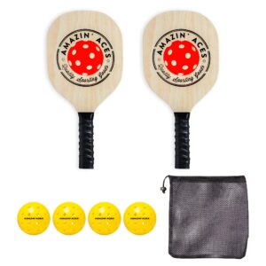 amazin' aces pickleball wood paddle set of 2- pickleball paddle set includes wood pickleball paddles, 4 pickleballs, 1 mesh carry bag, and 1 quality box (2 pack)