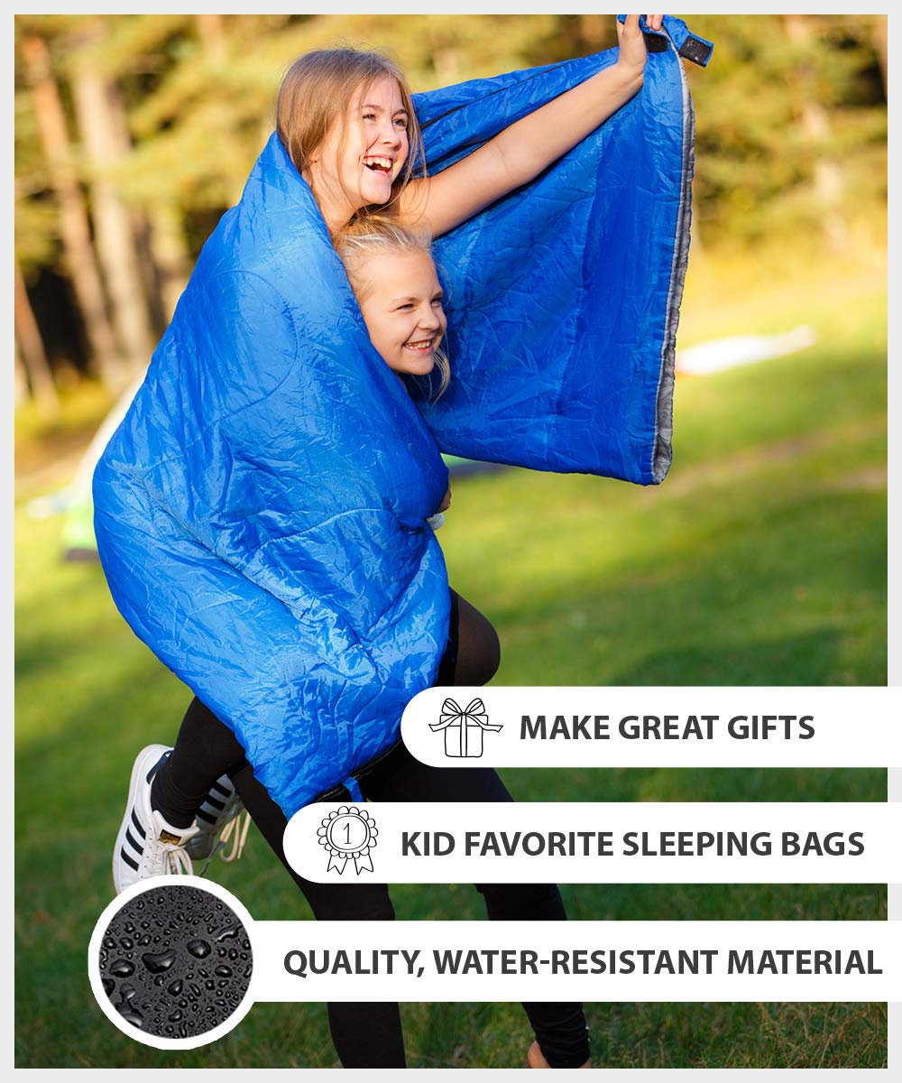 REVALCAMP Lightweight Blue Sleeping Bag Indoor & Outdoor use. Great for Kids, Youth & Adults. Ultralight and Compact Bags are Perfect for Hiking, Backpacking, Camping & Travel