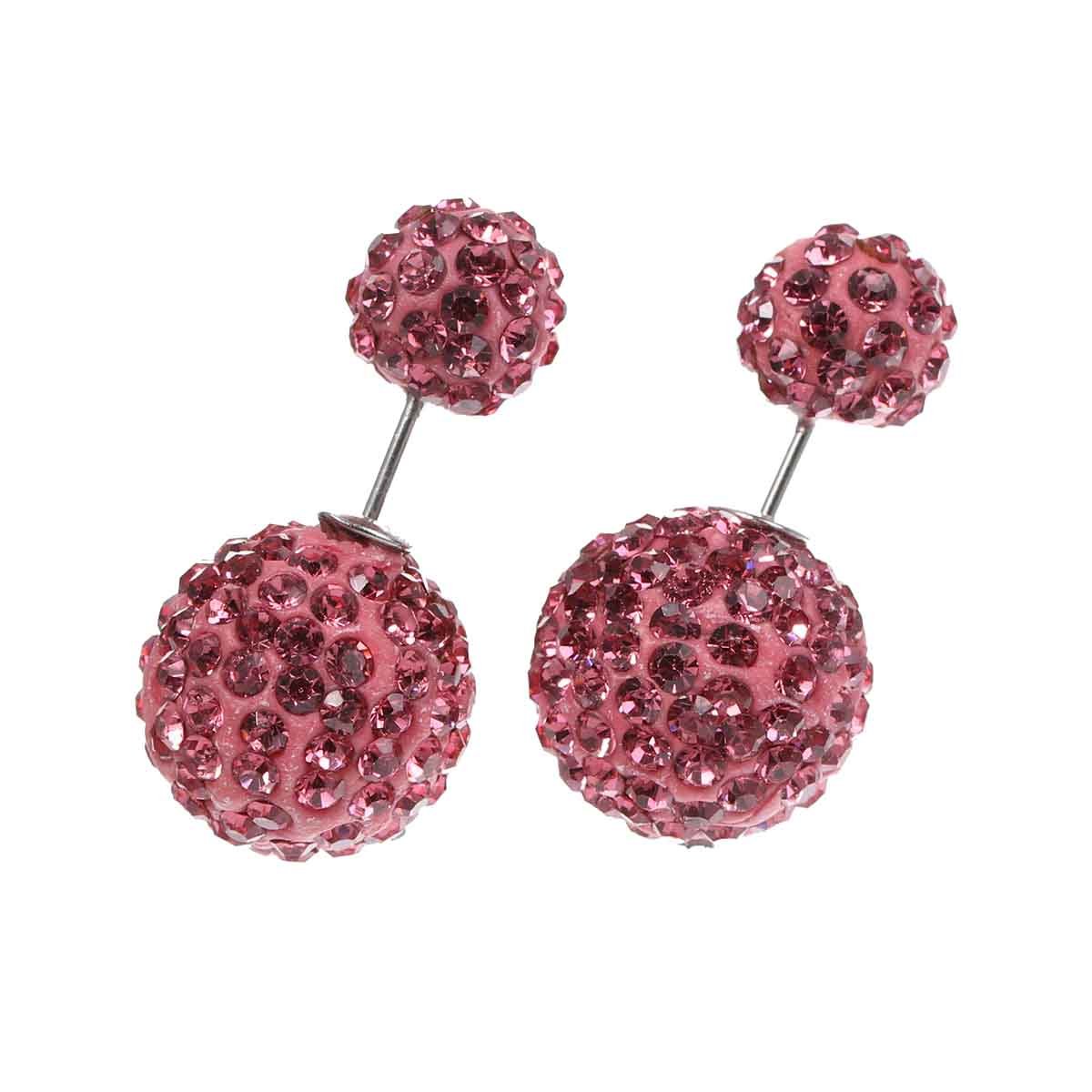 Sexy Sparkles Clay Earrings Double Sided Ear Studs Round Pave Pink Rhinestone with Stoppers (Pink)