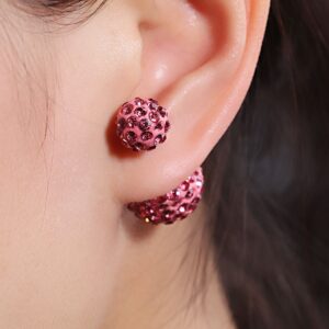 Sexy Sparkles Clay Earrings Double Sided Ear Studs Round Pave Pink Rhinestone with Stoppers (Pink)