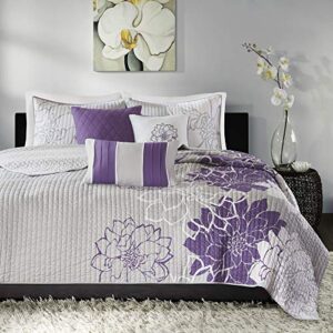 madison park lola 100% cotton quilt set - casual floral channel stitching design, all season, lightweight coverlet bedspread bedding, shams, decorative pillows, king/cal king(104"x94"), purple 6 piece