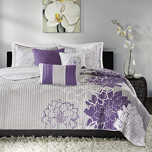 Madison Park Lola 100% Cotton Quilt Set - Casual Floral Channel Stitching Design, All Season, Lightweight Coverlet Bedspread Bedding, Shams, Decorative Pillows, King/Cal King(104"x94"), Purple 6 Piece