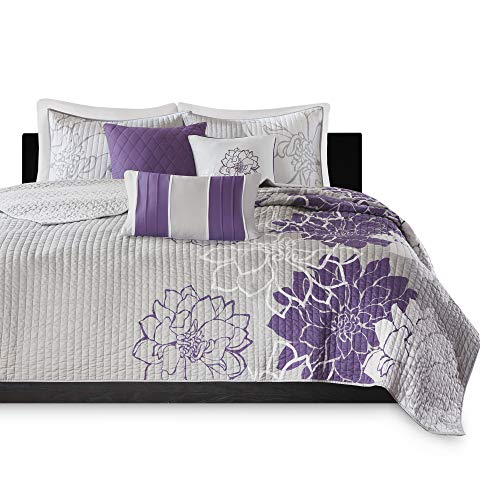 Madison Park Lola 100% Cotton Quilt Set - Casual Floral Channel Stitching Design, All Season, Lightweight Coverlet Bedspread Bedding, Shams, Decorative Pillows, King/Cal King(104"x94"), Purple 6 Piece