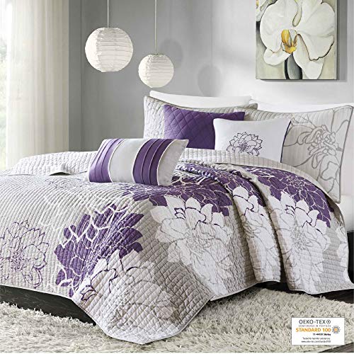 Madison Park Lola 100% Cotton Quilt Set - Casual Floral Channel Stitching Design, All Season, Lightweight Coverlet Bedspread Bedding, Shams, Decorative Pillows, King/Cal King(104"x94"), Purple 6 Piece