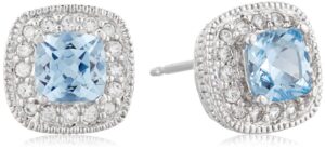 amazon essentials sterling silver created aquamarine and created white sapphire halo cushion stud earrings (previously amazon collection)