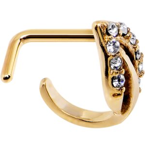 Body Candy Gold PVD Steel Clear Accent Leaf Faux Hoop L Shaped Nose Stud Ring 18 Gauge 5/16"