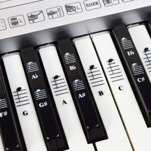 qmg piano and keyboard music note full set stickers for white and black keys; transparent and removable; made in usa