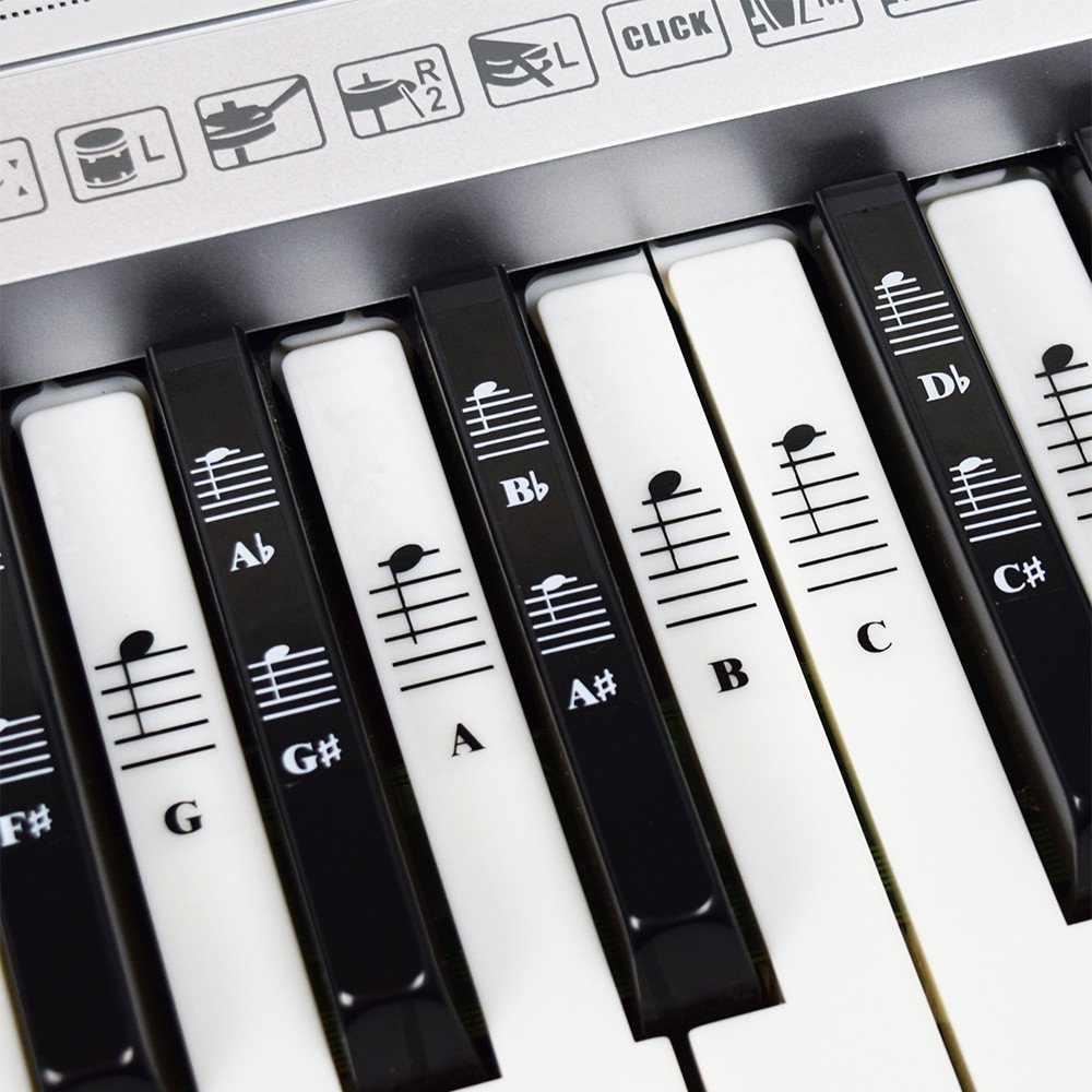 QMG Piano and Keyboard Music Note Full Set Stickers for White and Black Keys; Transparent and Removable; Made in USA