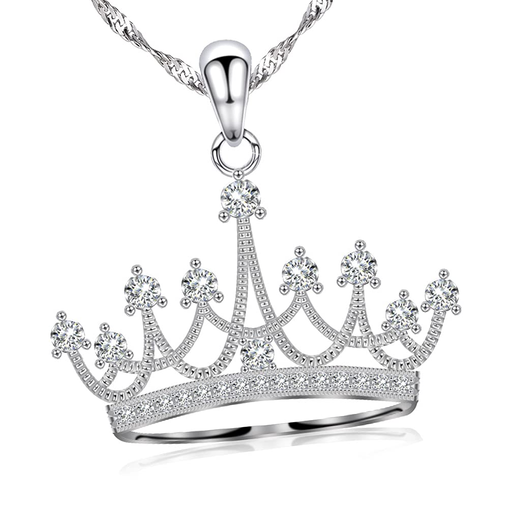 Gemschest Sterling Silver Round Cubic Zirconia Crown Pendant Necklace Queen Jewelry for Mom Women with 18" Silver Chain