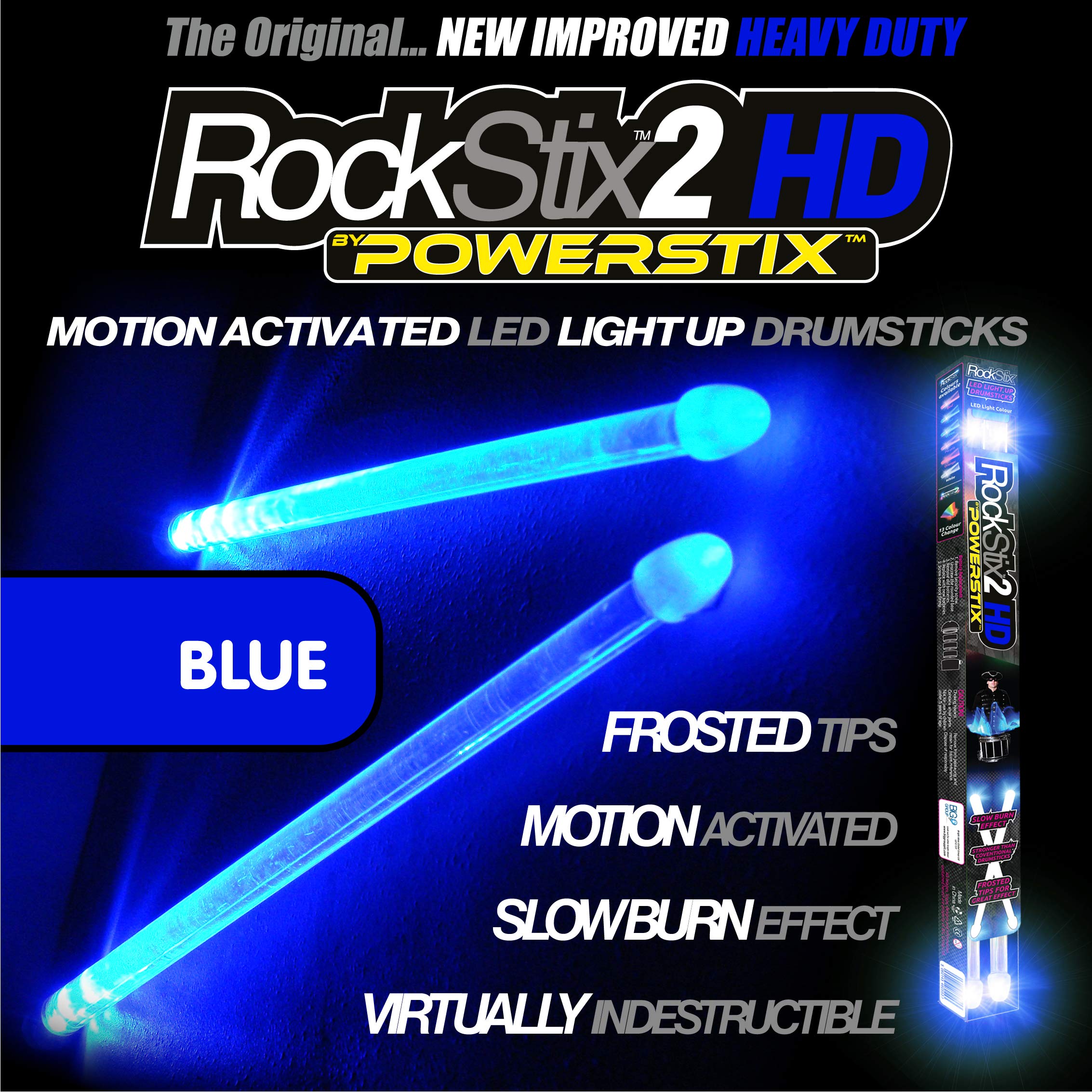 ROCKSTIX 2 HD BLUE, BRIGHT LED LIGHT UP DRUMSTICKS, with fade effect, Set your gig on fire! (BLUE ROCKSTIX)