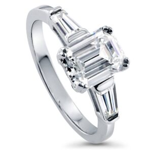 berricle sterling silver 3-stone wedding engagement rings emerald cut cubic zirconia cz anniversary ring for women, rhodium plated size 6.5