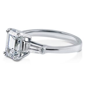 BERRICLE Sterling Silver 3-Stone Wedding Engagement Rings Emerald Cut Cubic Zirconia CZ Anniversary Ring for Women, Rhodium Plated Size 6.5