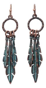 rain jewelry 2" triple feather french wire earrings with copper patina finish