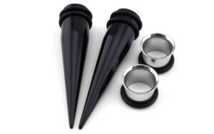 urban body jewelry 9mm ear stretching kit - 2 black acrylic tapers & 2 steel tunnels (4 pieces)