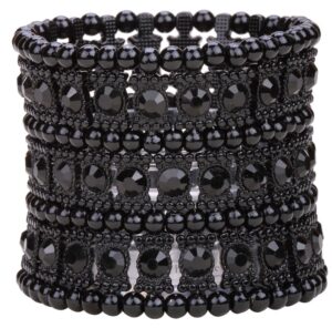 yacq women's multilayer stretch cuff bracelets fit wrist size 6-1/2 to 7-1/2 inch - soft elastic band & 3 row crystals - 2 inch wide - lead & nickle free (dark black)