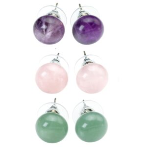 jovivi 3pairs womens natural amethyst/rose quartz/green aventurine round abacus ball crystal beads chakra stud earrings