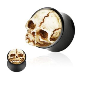 pierced owl 3d skull hand carved organic buffalo horn double flared ear plugs gauges, sold as pair (16mm (5/8"))