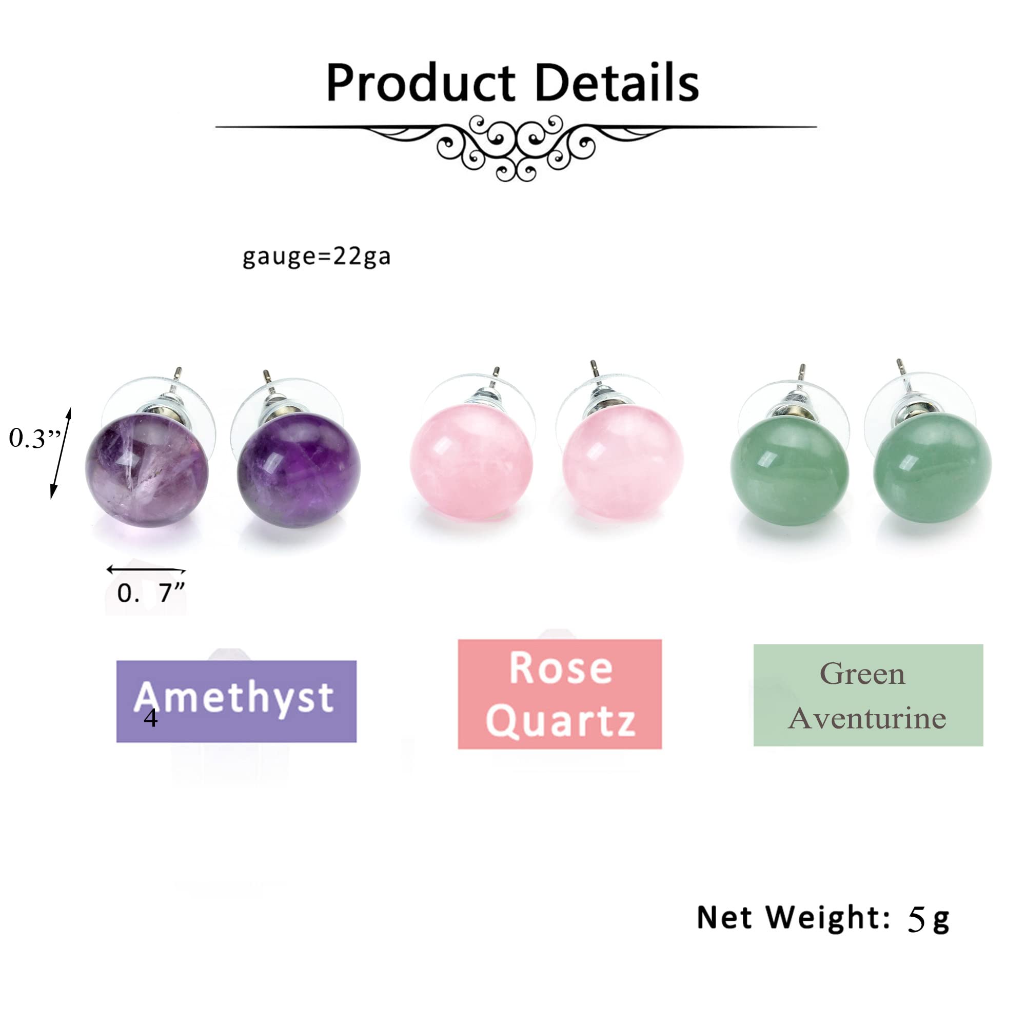 JOVIVI 3pairs Womens Natural Amethyst/Rose Quartz/Green Aventurine Round Abacus Ball Crystal Beads Chakra Stud Earrings