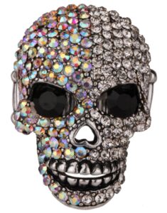 yacq women's skull stretch rings fit finger size 7 to 9 - moving jaw - lead & nickle free - paved crystals - (1-1/2 x 1) inch - scarf holders - women girls biker jewelry (silver ab)