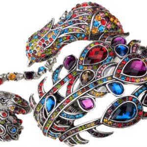 YACQ Women's Hinged Big Peacock Bracelet Slave Stretch Ring Set - Fit Wrist Size 6-1/2 to 7-1/2 Inch & Finger 7 to 9 - Lead Nickle Free - Halloween Costome Outfit (Multicolor)