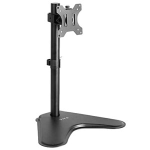 vivo single monitor desk stand, holds screens up to 32 inch regular and 38 inch ultrawide, freestanding vesa steel mount base, adjustable height, tilt, swivel, rotation, black, stand-v001h