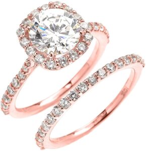 10k rose gold cubic zirconia cushion shape halo engagement ring and 3/4 eternity wedding band bridal ring set - size 8