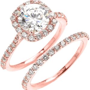 10K Rose Gold Cubic Zirconia Cushion Shape Halo Engagement Ring and 3/4 Eternity Wedding Band Bridal Ring Set - Size 8