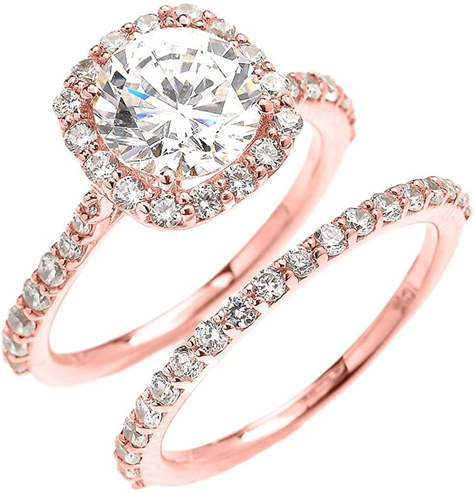 10K Rose Gold Cubic Zirconia Cushion Shape Halo Engagement Ring and 3/4 Eternity Wedding Band Bridal Ring Set - Size 8