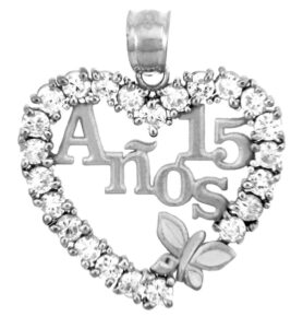 sterling silver sweet 15 anos quinceanera pendant with cubic zirconia heart with butterfly