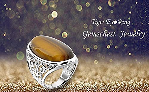 Tiger Eye Stone Statement Ring for Women 925 Sterling Silver Gemstone Magnificent Oval Shaped Tiger Eye Solitaire Ring Mothers Day Gifts for Mom Christmas Birthday Jewelry Gifts for Wife Grandma (9)