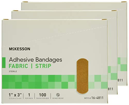 McKesson Adhesive Bandages, Sterile, Fabric Strip, 1 in x 3 in, 100 Count, 3 Packs, 300 Total