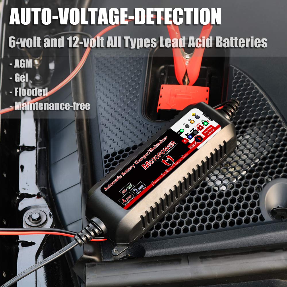 MOTOPOWER MP00207 6V and 12V 4AMP Automatic Smart Battery Charger, Battery Maintainer, Battery Desulfator with Force Charging Recondition Mode