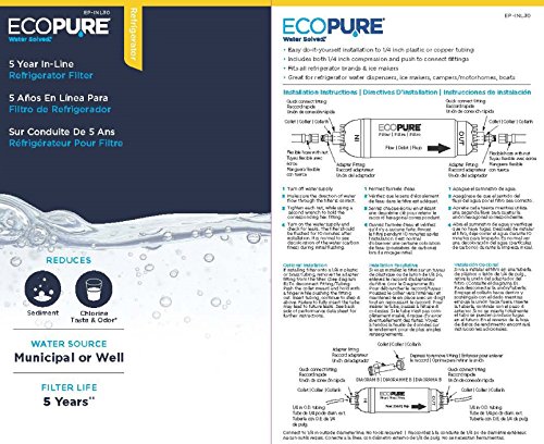 EcoPure EPINL30 5 Year in-Line Refrigerator Filter-Universal Includes Both 1/4" Compression and Push to Connect Fittings , White