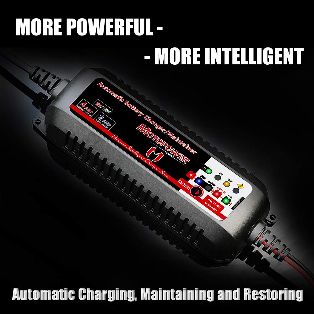 MOTOPOWER MP00207 6V and 12V 4AMP Automatic Smart Battery Charger, Battery Maintainer, Battery Desulfator with Force Charging Recondition Mode