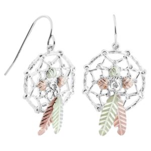 dream catcher feather earrings, sterling silver, 12k green gold, 12k rose black hills gold