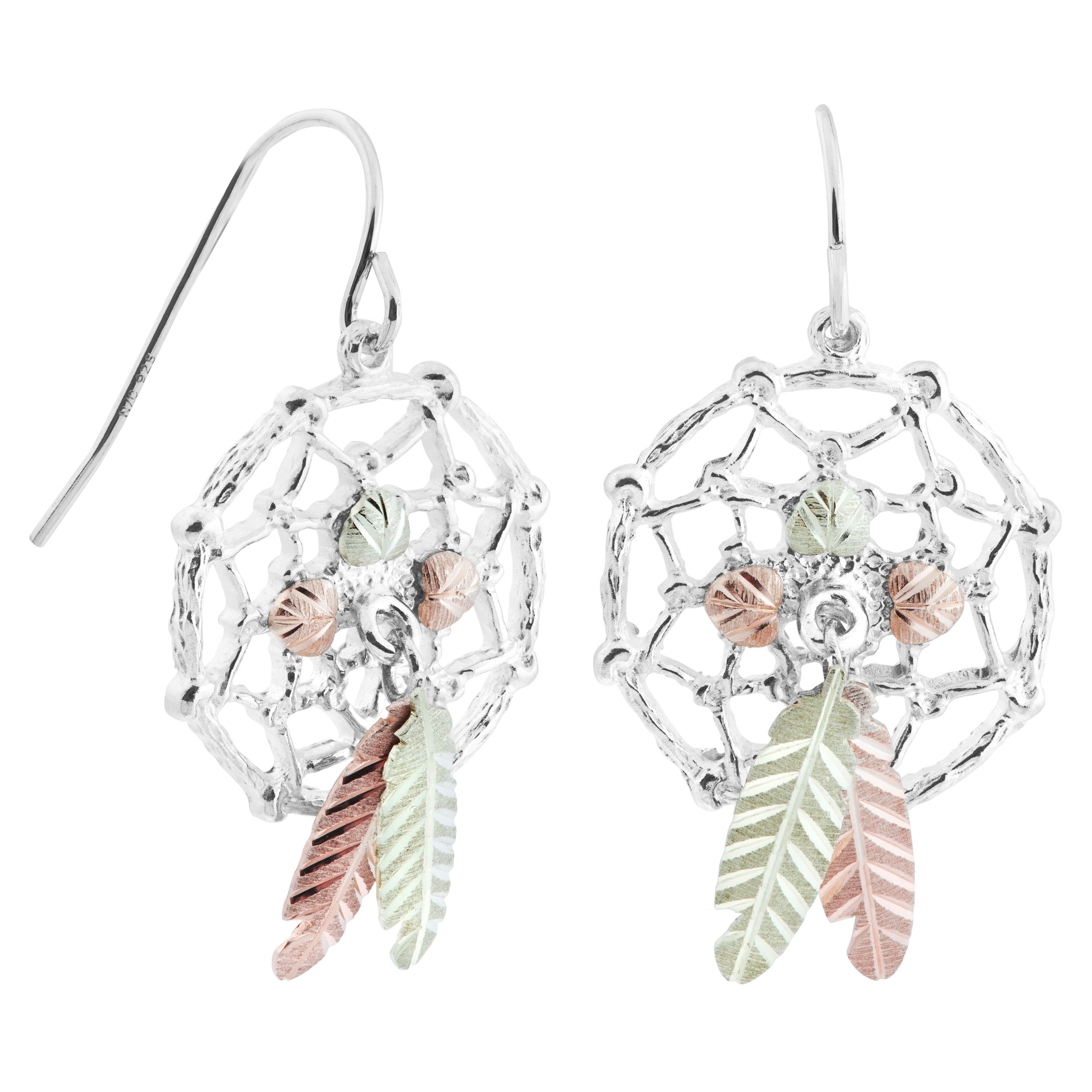 Dream Catcher Feather Earrings, Sterling Silver, 12k Green Gold, 12k Rose Black Hills Gold