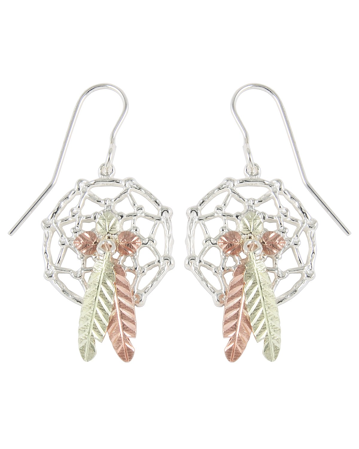 Dream Catcher Feather Earrings, Sterling Silver, 12k Green Gold, 12k Rose Black Hills Gold